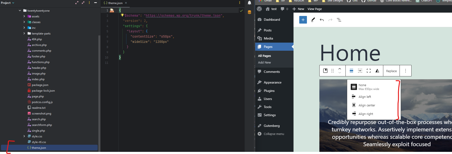 Adding theme.json to themes that don't support full site editing makes the alignments wide/full ...