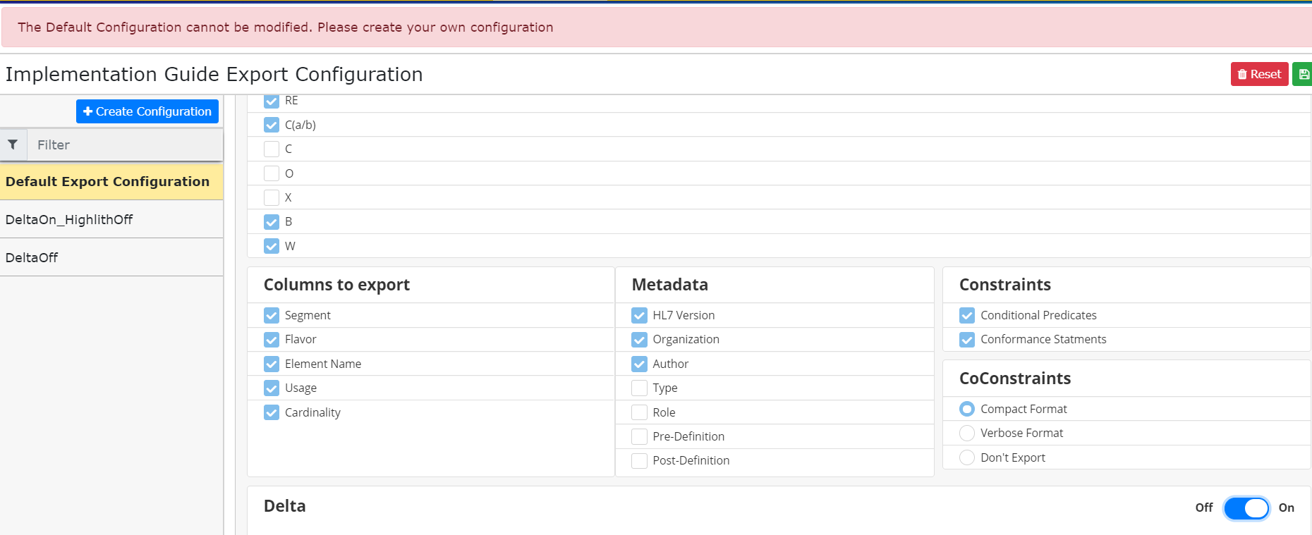 Default Export Configuration - Delta Option enable · Issue #871 · usnistgov/hl7-igamt · GitHub
