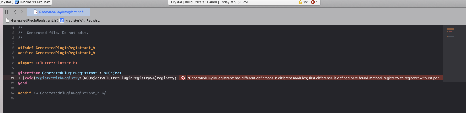 [app2app][XCode12] 'GeneratedPluginRegistrant' has different definitions in different modules ...