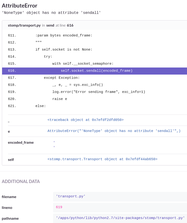 'NoneType' object has no attribute 'sendall' · Issue #191 · jasonrbriggs/stomp.py · GitHub
