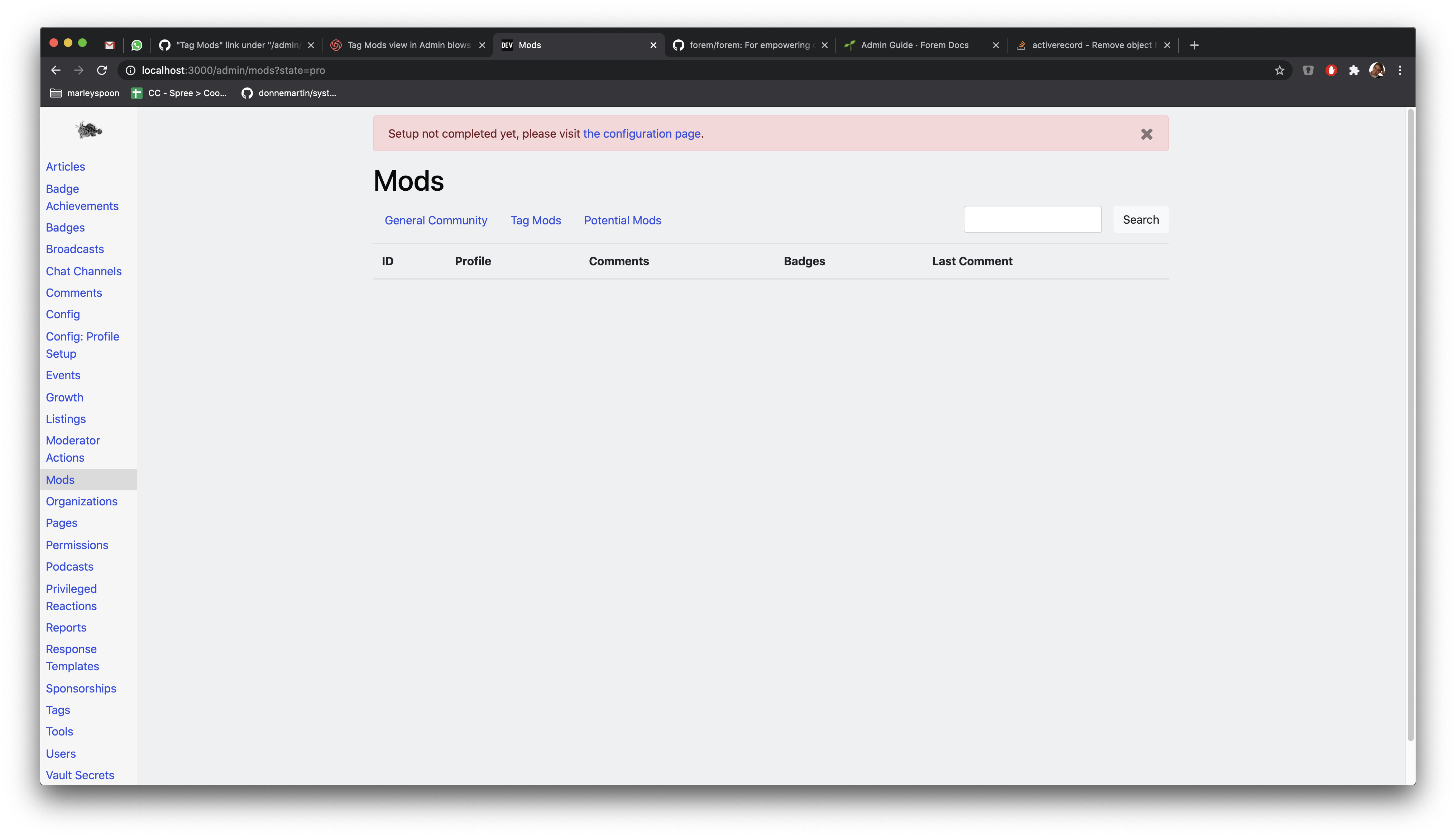 "Tag Mods" link under "/admin/mods" blows up when there are no tag mods · Issue #10060 · forem ...