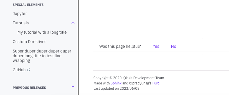 Furo: left side bar doesn't scroll down to Previous Releases unless at bottom of the page ...