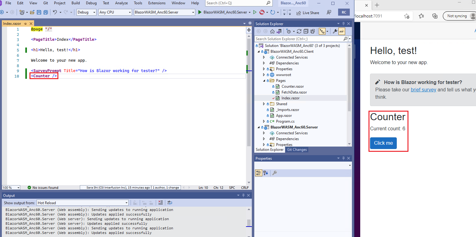 After changing some code in Counter.razor, then click "Hot Reload ...