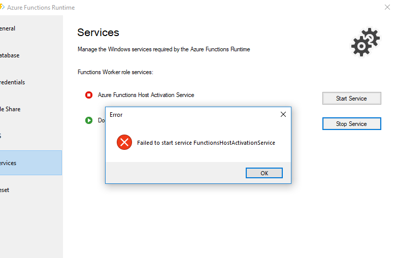 Azure Functions Host Activation Service Not Starting On Win10 · Issue