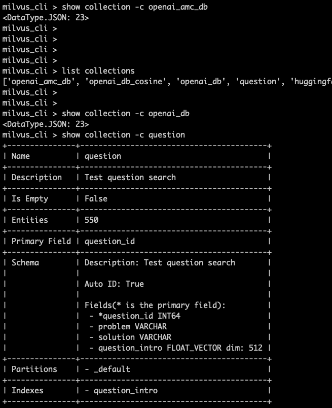 milvus_cli show collection does not support json schema · Issue #60 · zilliztech/milvus_cli · GitHub
