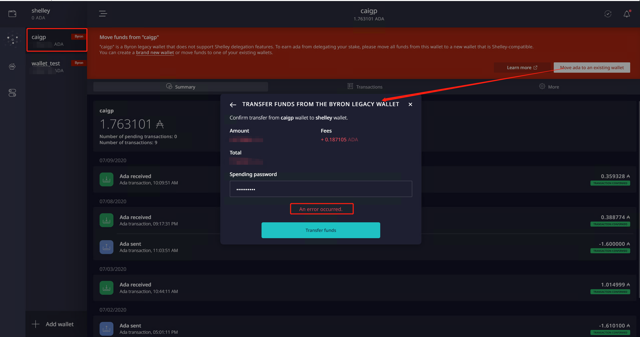 After restoring the 12-size byron legacy wallet, the ada cannot be move to the shelley wallet ...