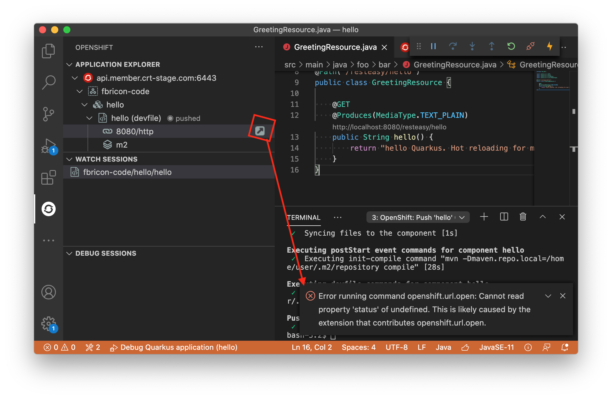 Clicking on icon to open route fails · Issue #1804 · redhat-developer/vscode-openshift-tools ...
