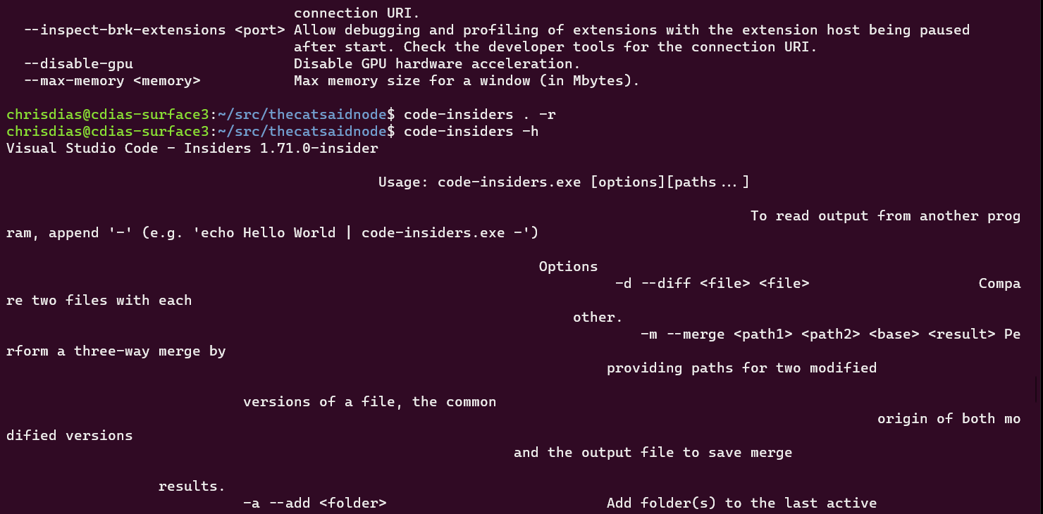 `code-insiders -h` not formatted properly · Issue #157725 · microsoft/vscode · GitHub