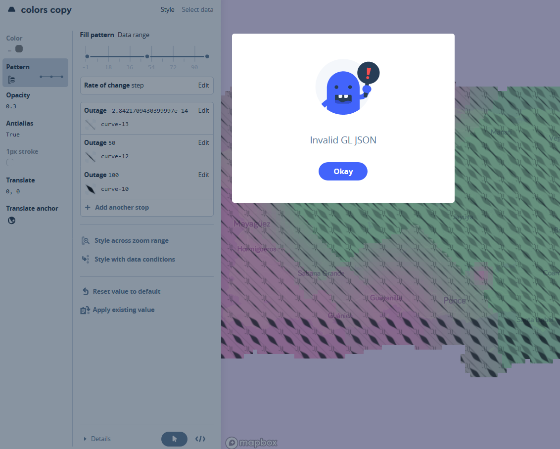 Mapbox Studio: Data driven fill patterns trigger "Invalid GL JSON" Error. · Issue #7925 · mapbox ...