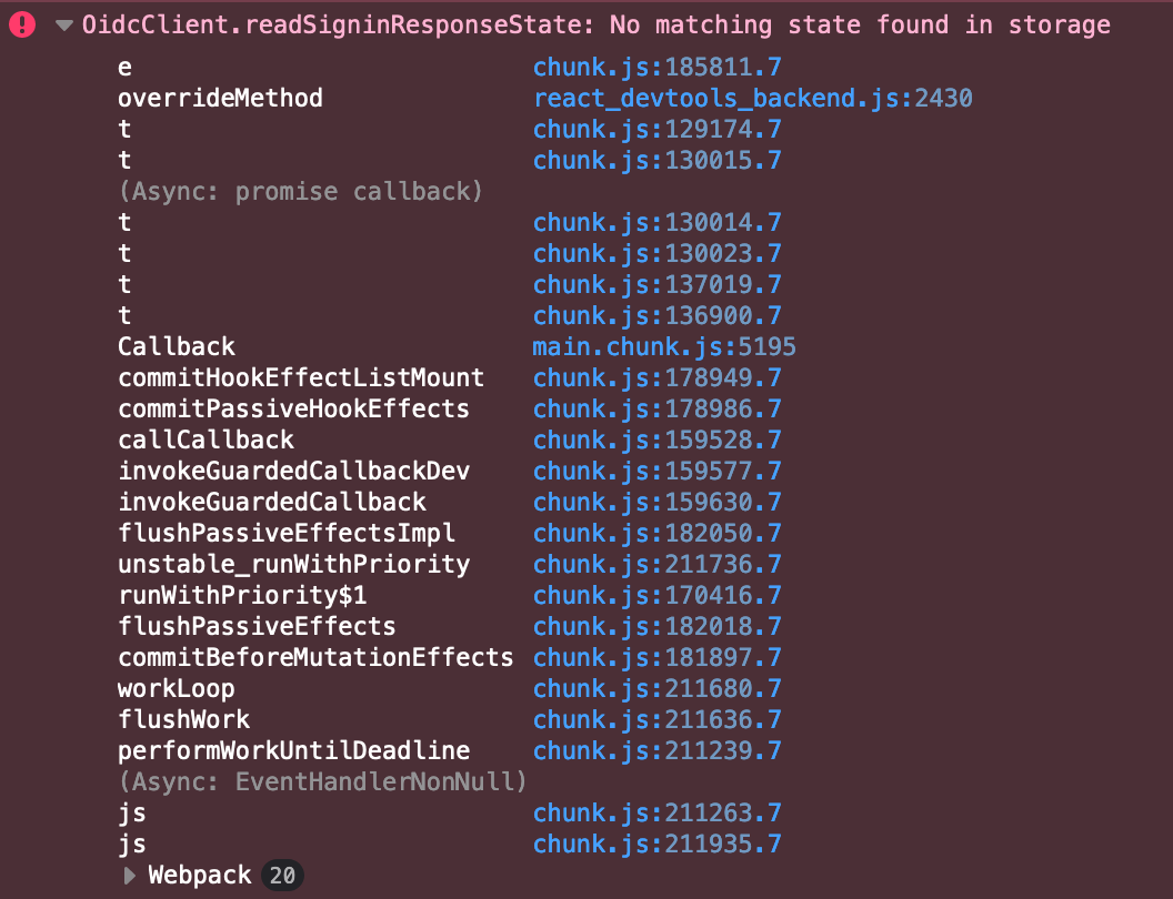 signinRedirectCallback error No matching state found in storage and Uncaught (in promise ...
