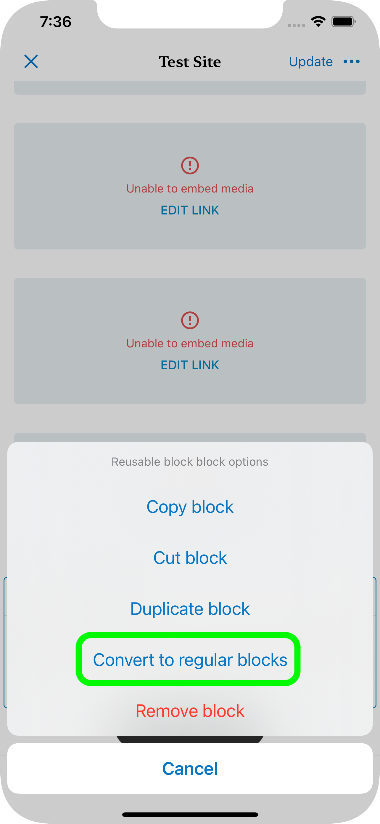 Reusable block: Pluralize the message "Convert to regular blocks" depending on the number of ...