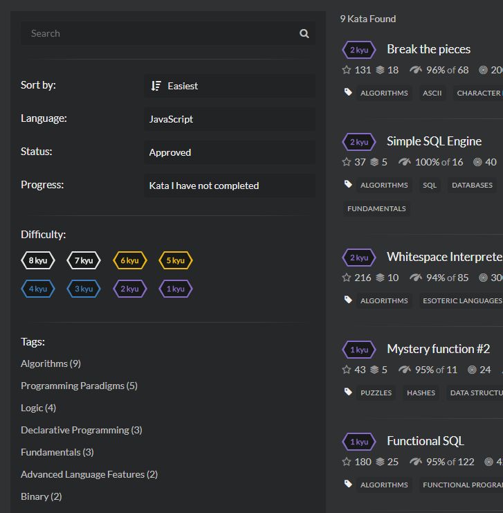 Kata search tag list applies the wrong filtering if some Sort by options are chosen · Issue ...
