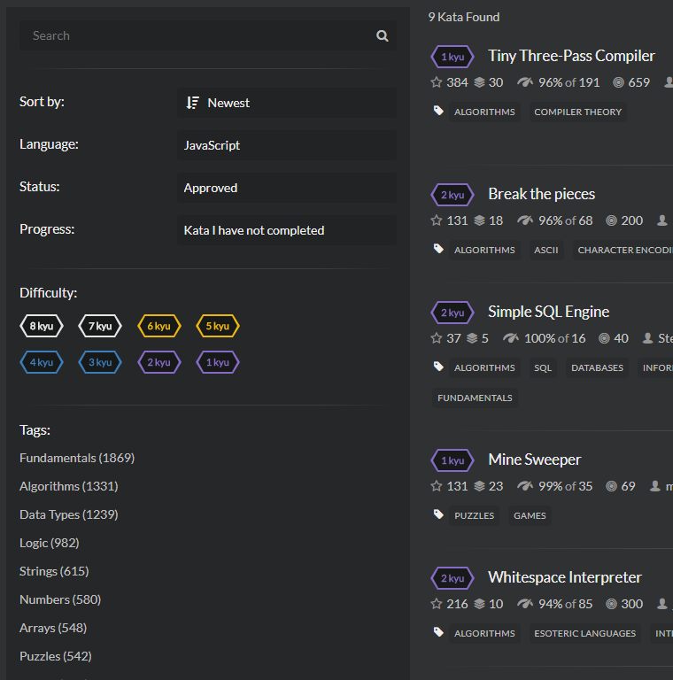Kata search tag list applies the wrong filtering if some Sort by options are chosen · Issue ...