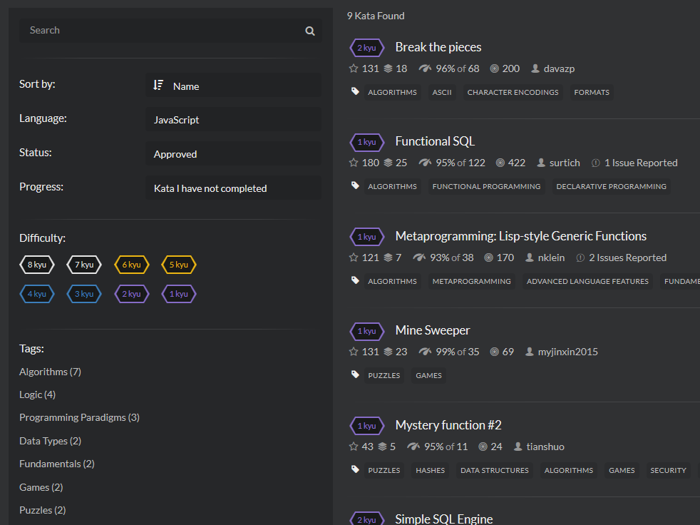 Kata search tag list applies the wrong filtering if some Sort by options are chosen · Issue ...