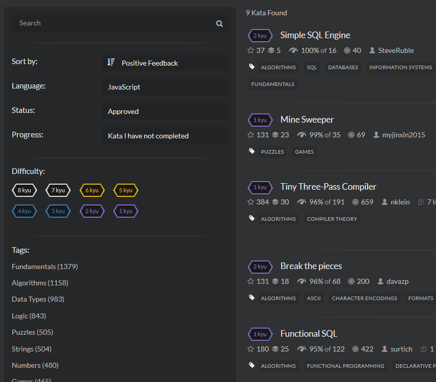 Kata search tag list applies the wrong filtering if some Sort by options are chosen · Issue ...
