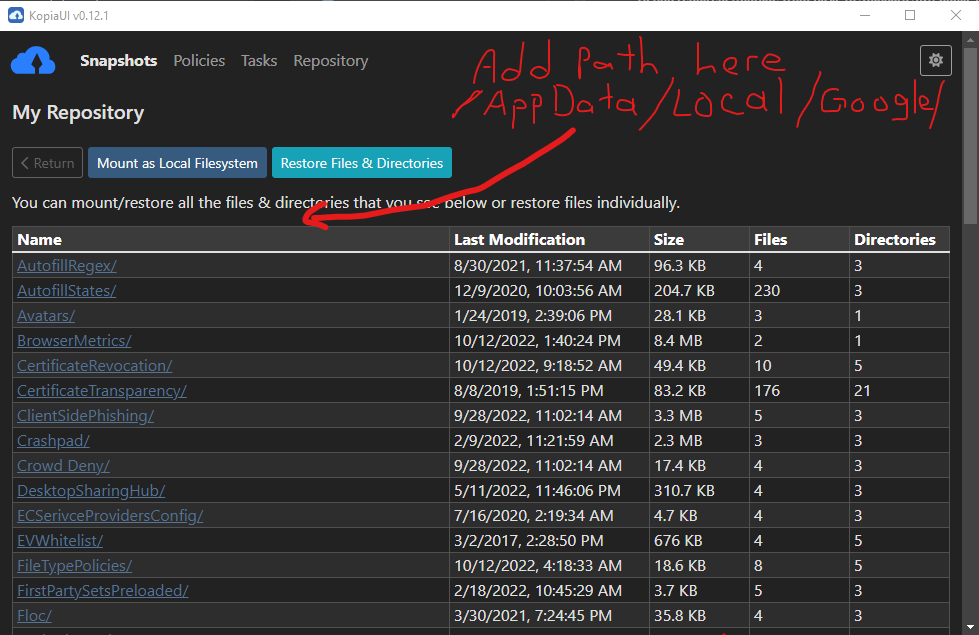 UI Snapshot browser is missing a location path on the display · Issue #2497 · kopia/kopia · GitHub
