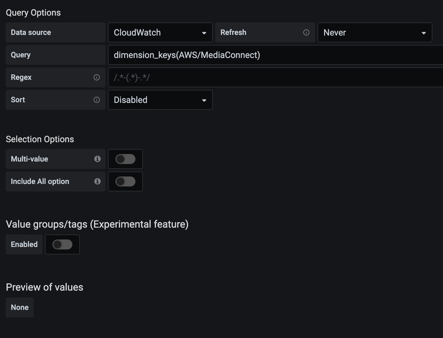 Cloudwatch: MediaConnect Dimensions don't populate with AWS Cloudwatch data source · Issue ...