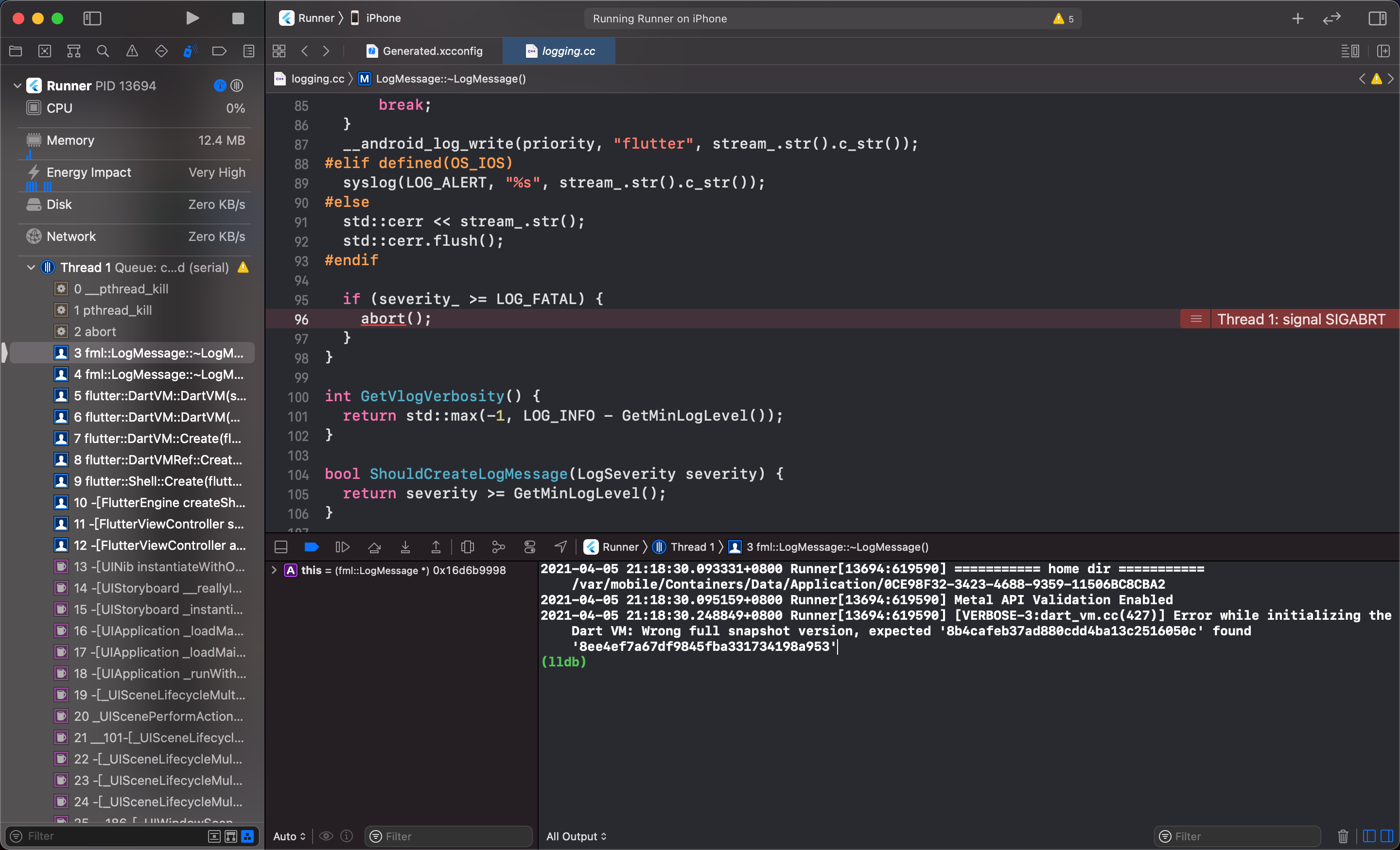 Rebuild the engine in release mode and run with device, crash with log [VERBOSE-3:dart_vm.cc(427 ...