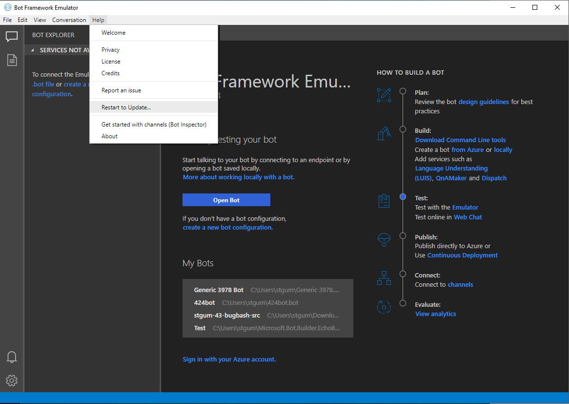 "Restart to Update..." doesn't restart or update Emulator · Issue #1537 · microsoft/BotFramework ...