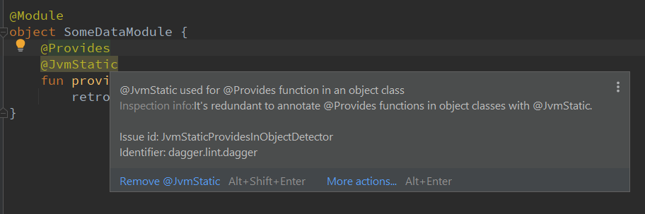 Dagger linter warning about using @JvmStatic annotation · Issue #3095 · google/dagger · GitHub