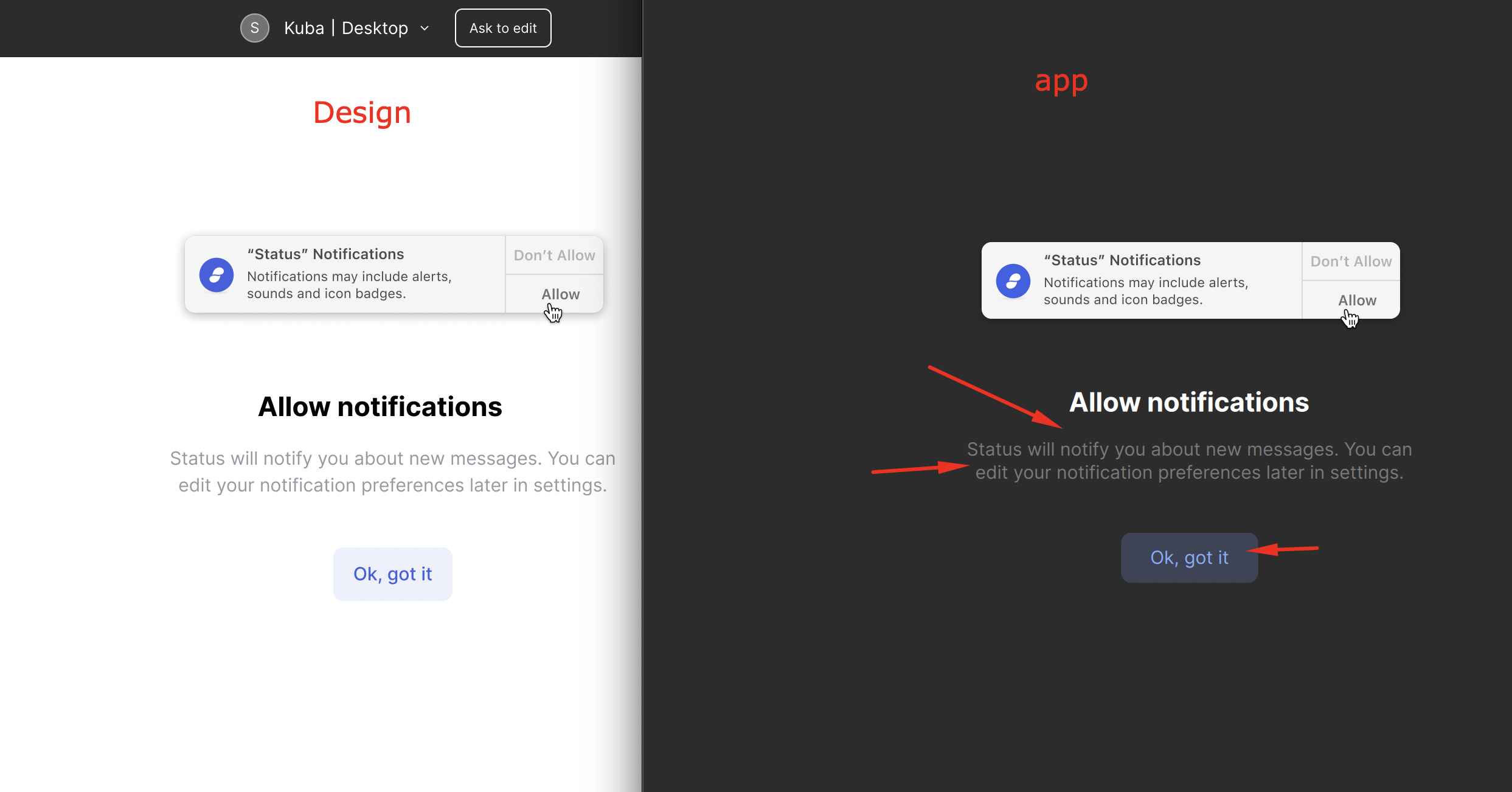 The page 'Allow notifications' differs from the Design · Issue #6514 · status-im/status-desktop ...