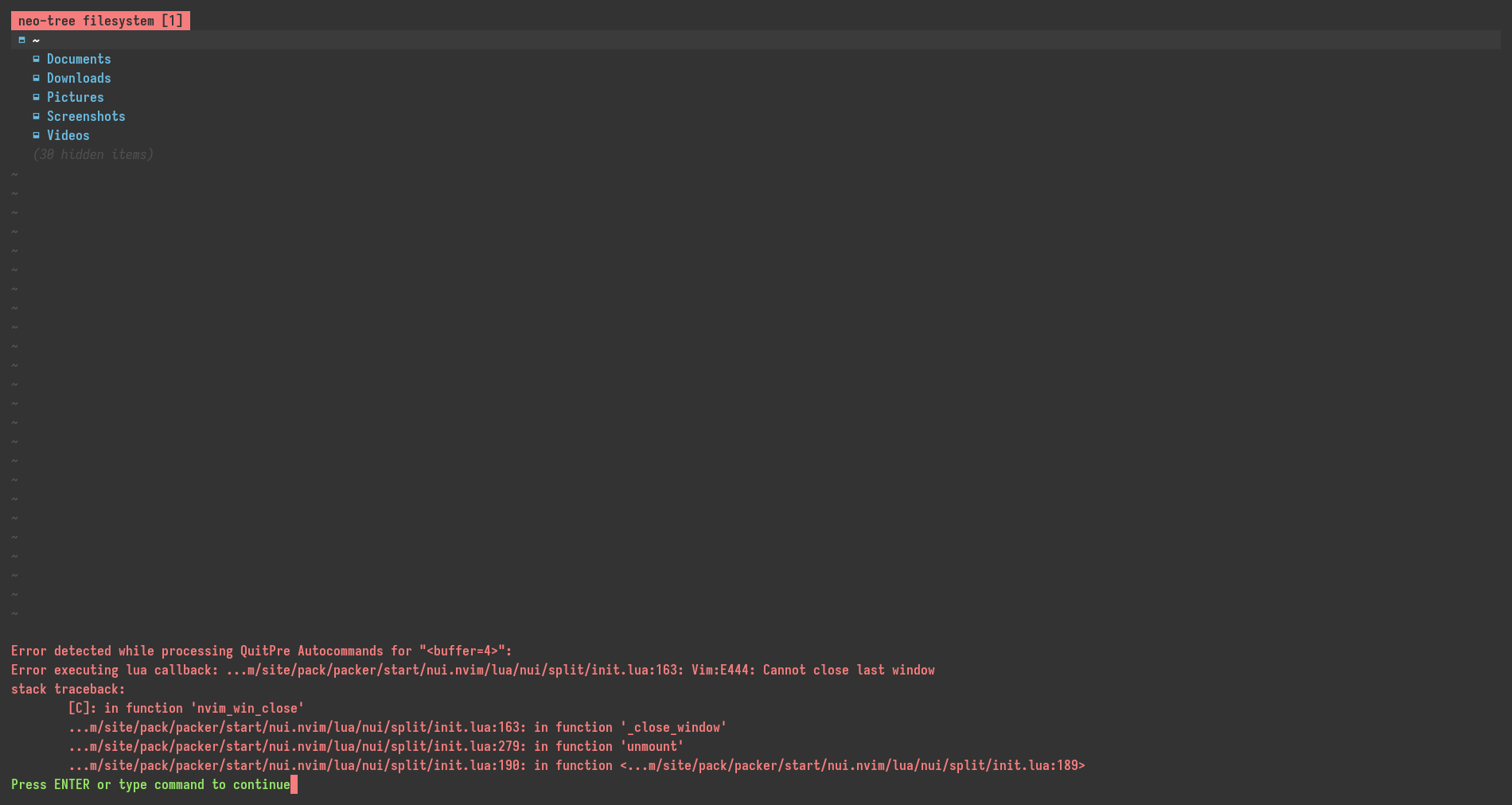 Nui error when closing neovim window with only neo-tree opened in it · Issue #186 · MunifTanjim ...