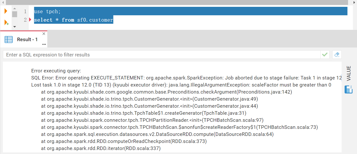 [Bug] Querying sf0 in TPCH reports scaleFactor must be greater than 0 · Issue #2870 · apache ...