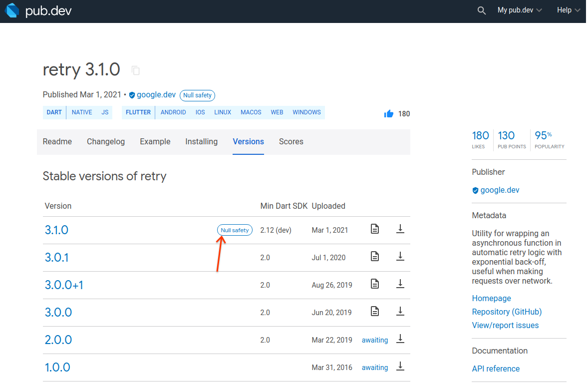 Add Null Safety Badge In Front Of Versions In The Versions Tab · Issue 4825 · Dart Langpub Dev
