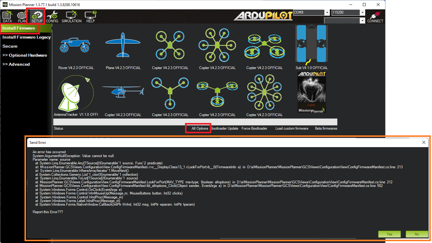 Install Firmwares All Options Displays Scary Error Message · Issue 2946 · Ardupilot 