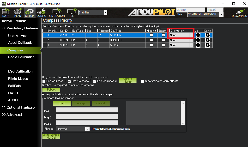 Compass priorisation table's orientation field does not match COMPASS_ORIENT parameter · Issue ...