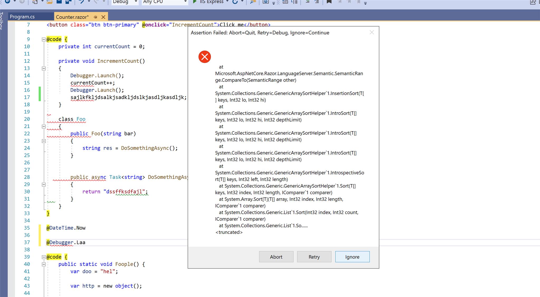SemanticRange Debug.Assert failure when typing in the LSP editor · Issue #5089 · dotnet/razor ...