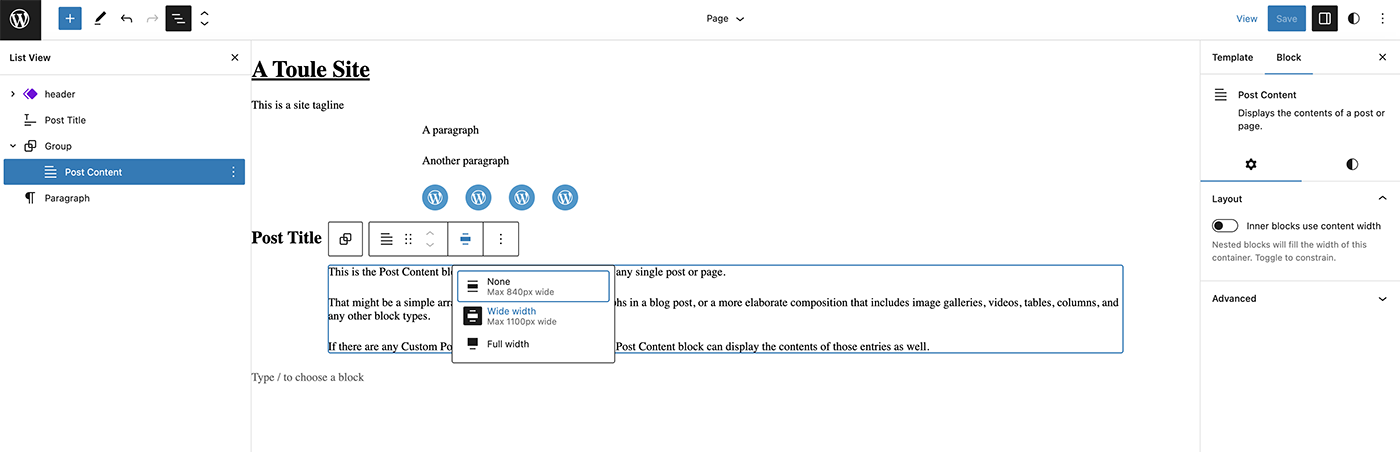 Layout / Post Editor: A post content block set to "wide" is not rendered as wide within the post ...