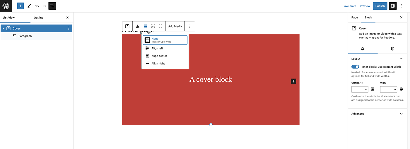 Layout / Post Editor: A post content block set to "wide" is not rendered as wide within the post ...