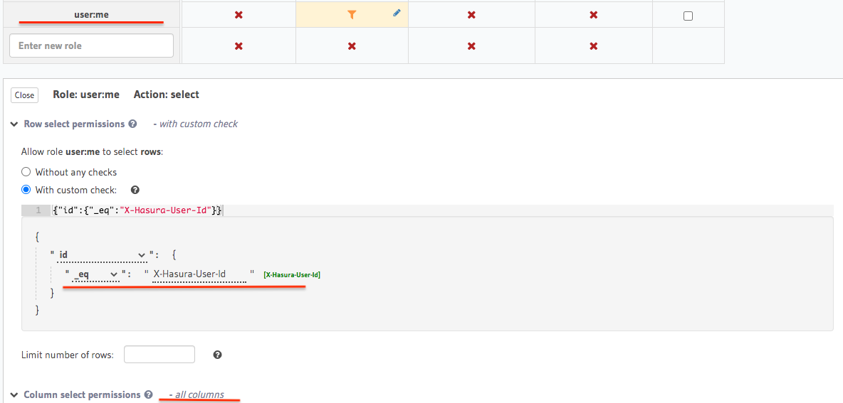 allow defining multiple (row + column) permission tuples for a given role + table + action ...