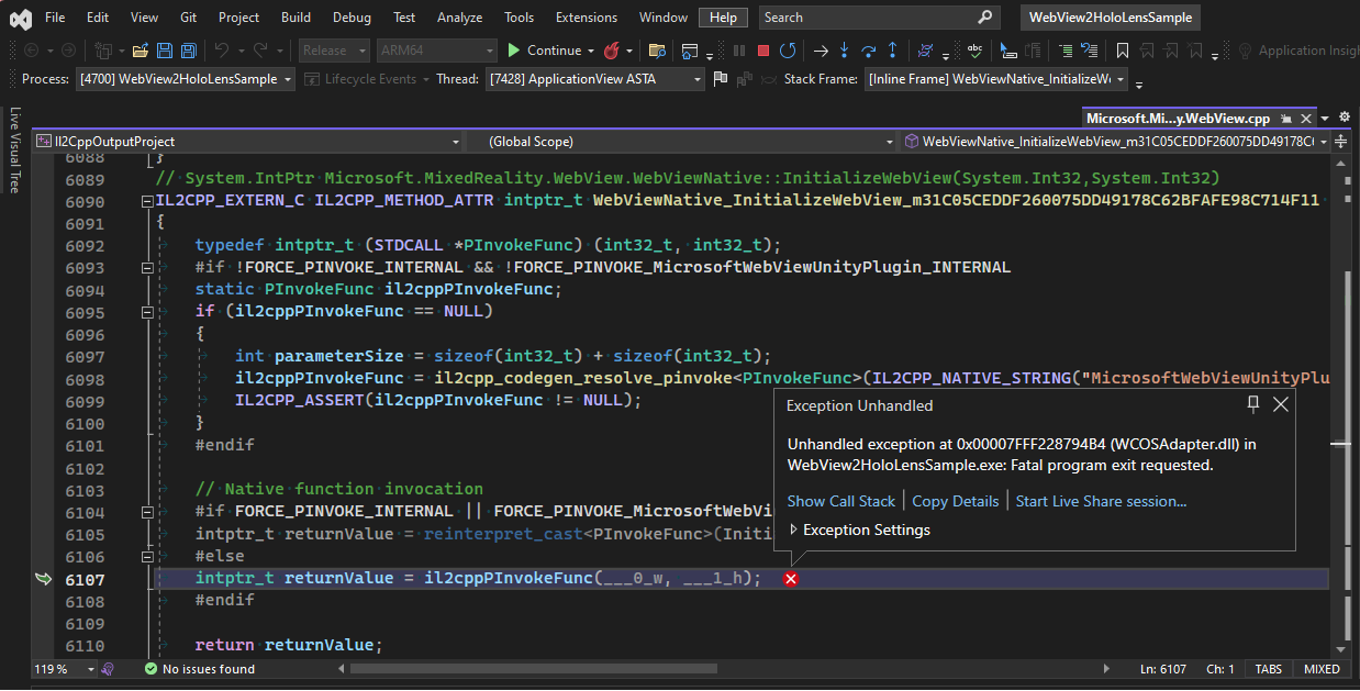 Unity | HoloLens 2 - Application crashing at start · Issue #198 · MicrosoftEdge/WebView2Samples ...
