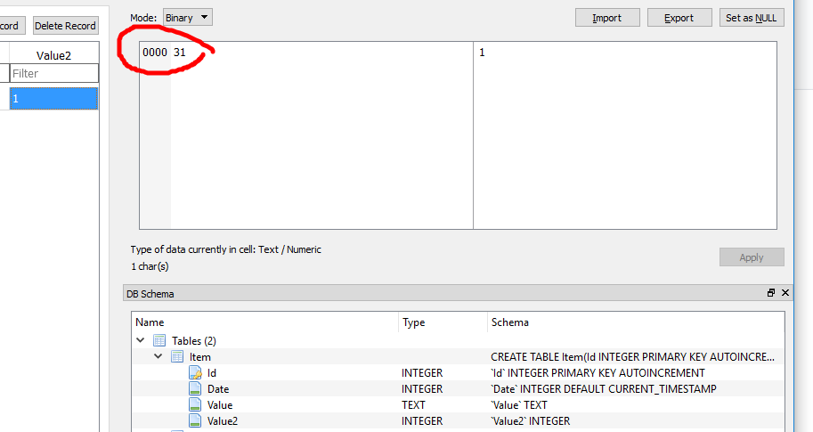 The binary viewer/editor shows the text representation of numeric values instead of their ...