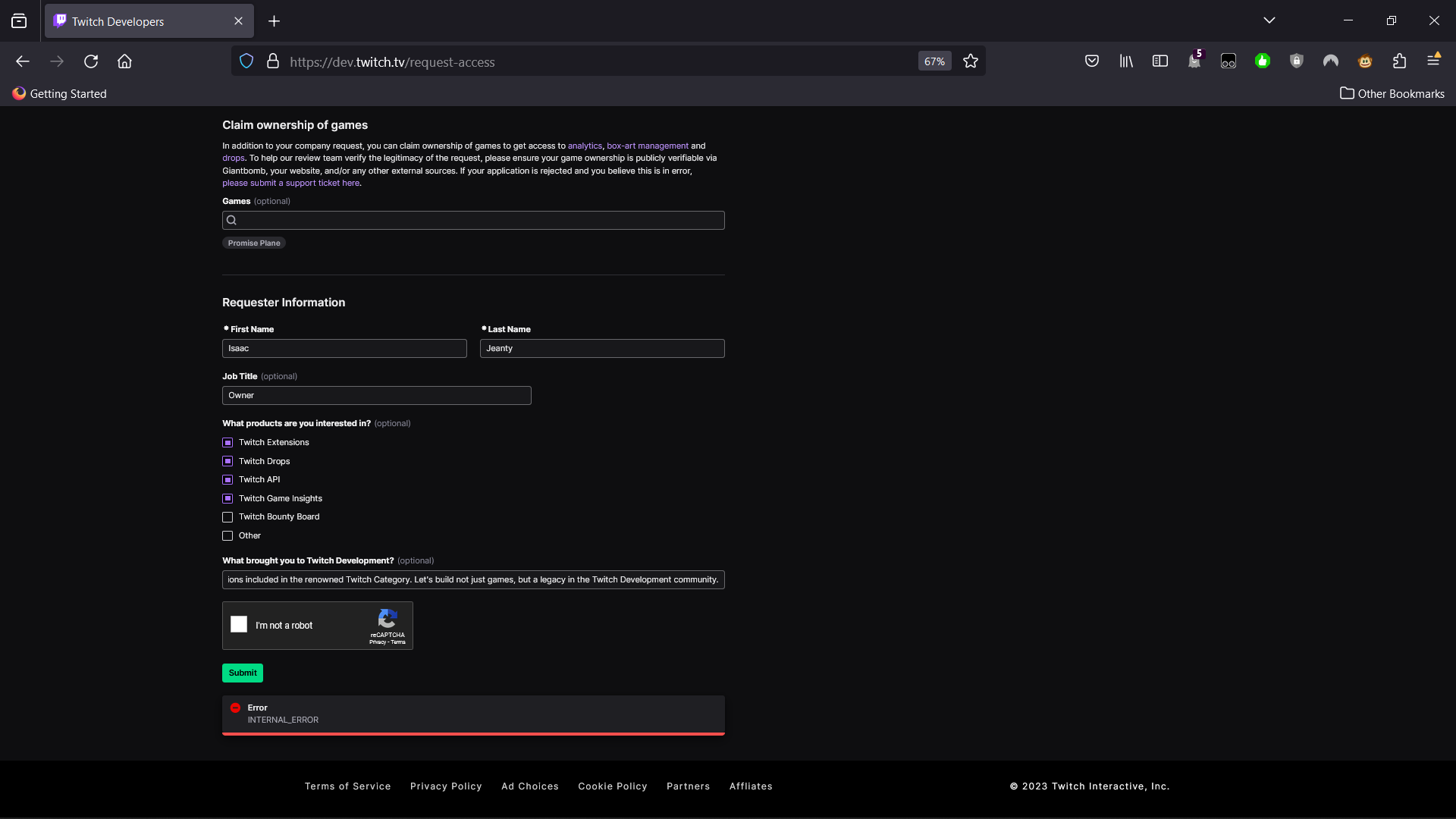 Twitch Developers Organization Registration Error · Issue #860 · twitchdev/issues · GitHub