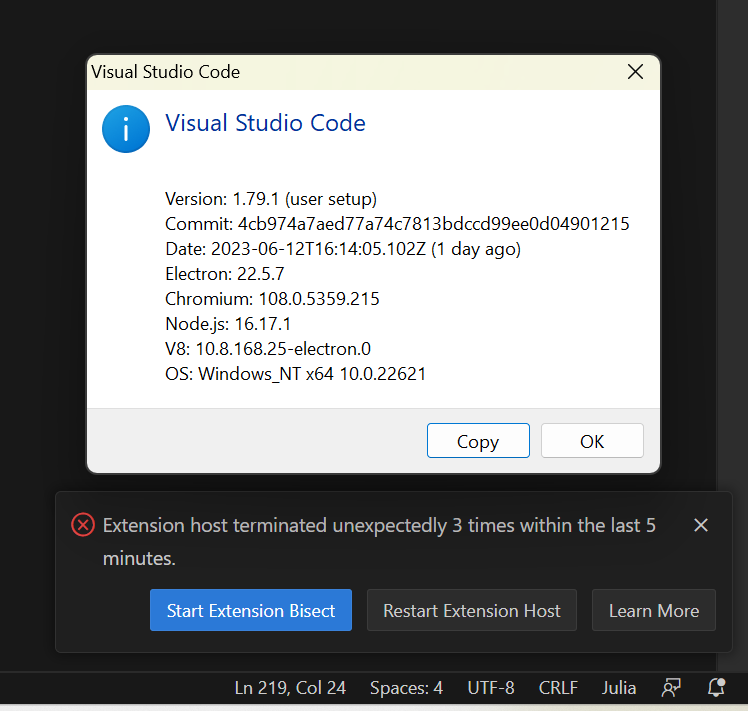 VS Code extension host terminated unexpectedly · Issue #3327 · julia-vscode/julia-vscode · GitHub