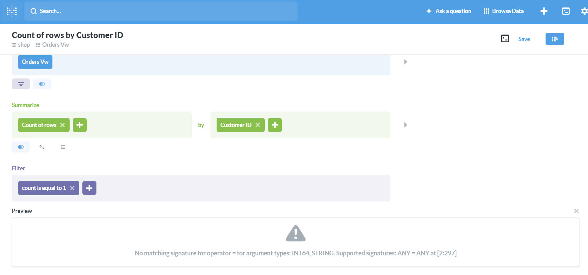 Release-0.33.x - Filter not inferring correct datatype for "Count of ...