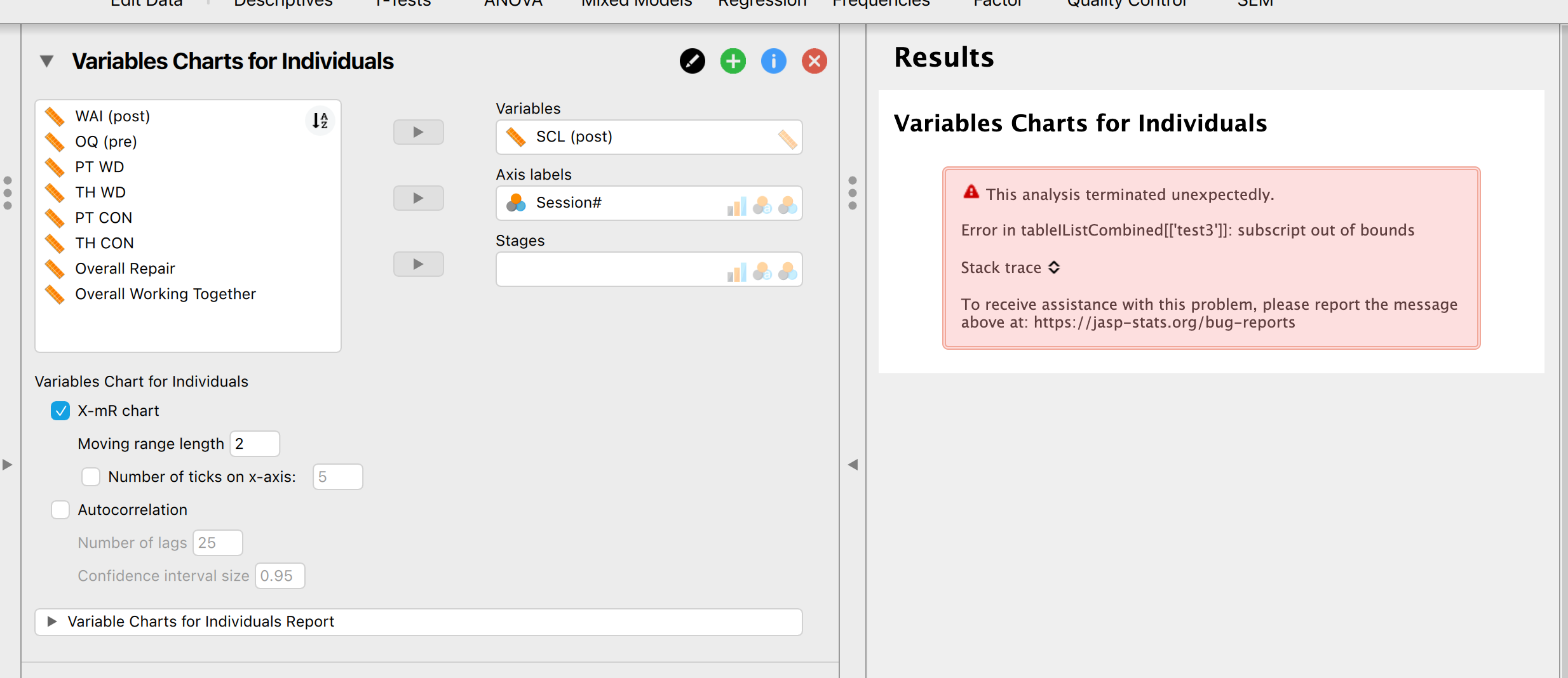 Bug Quality Control Indivudal Control Chart Wont Run · Issue 2394 · Jasp Statsjasp Issues 