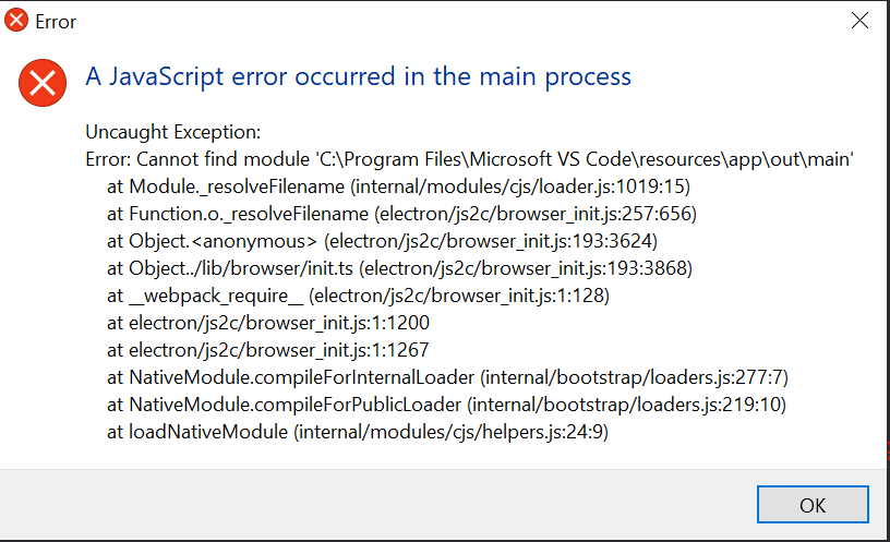 Cannot find module 'C:\Program Files\Microsoft VS Code\resources\app ... Cannot find module 'C:\Program Files\Microsoft VS Code\resources\app ...