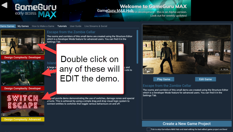HUB - if the user double clicks on one of the demo games small thumbnails, make it edit that ...