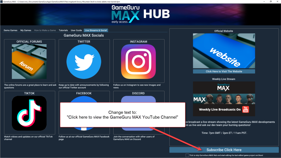 Change text on the YouTube button in the Socials section of the HUB ...