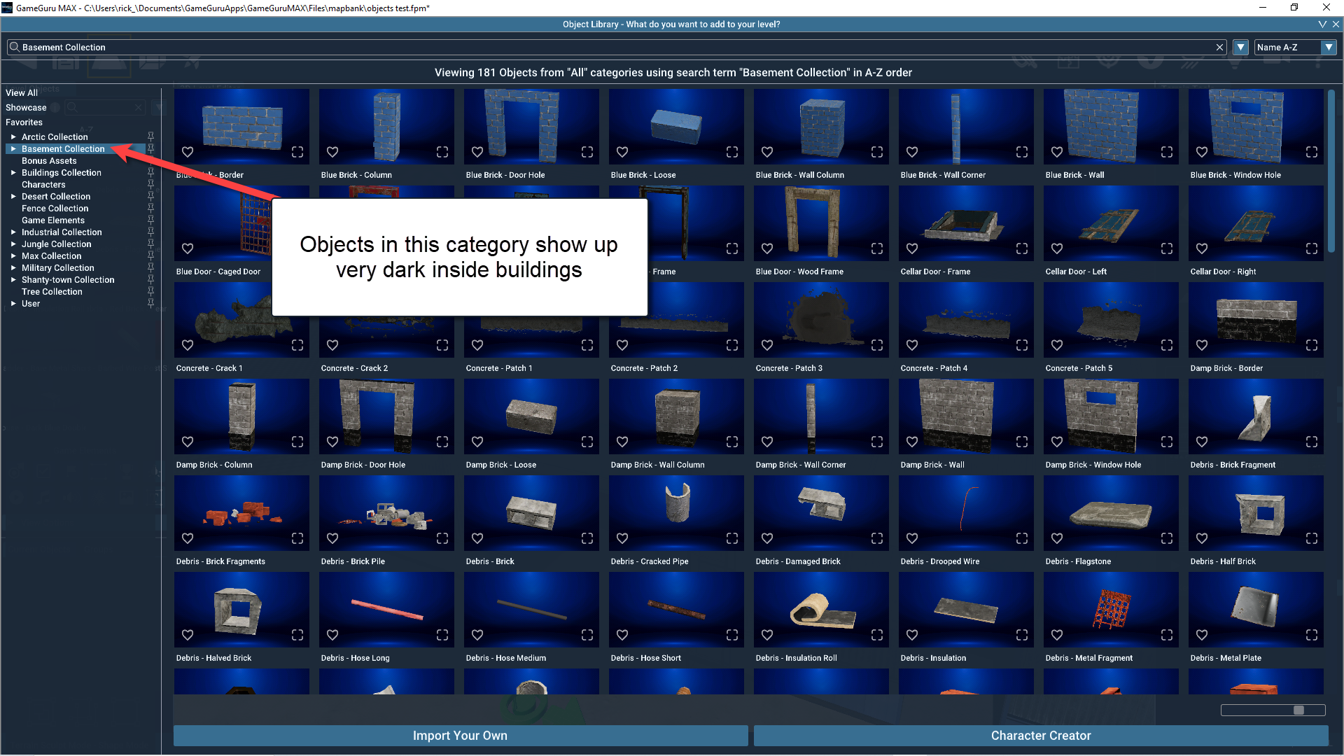 Objects in the basement collection appear black when inside buildings (compared to other objects ...