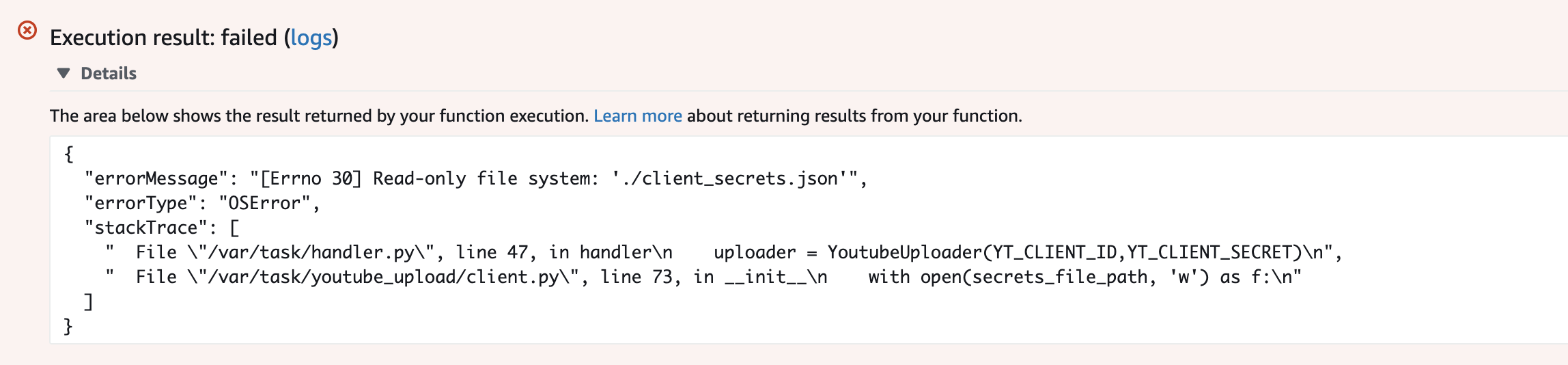 Doesn't work when invoked via lambda due to lambdas only being able to ...