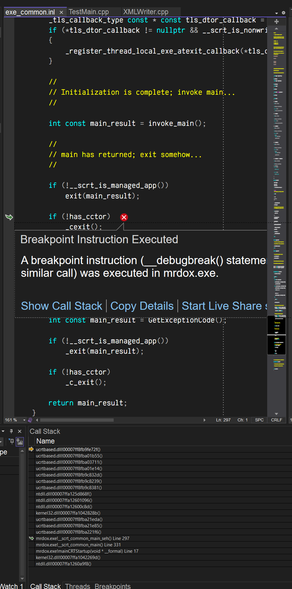 MSVC, Debug, unhandled exception in MSVCRT exit code (MrDox) · Issue #126 · cppalliance/mrdocs ...