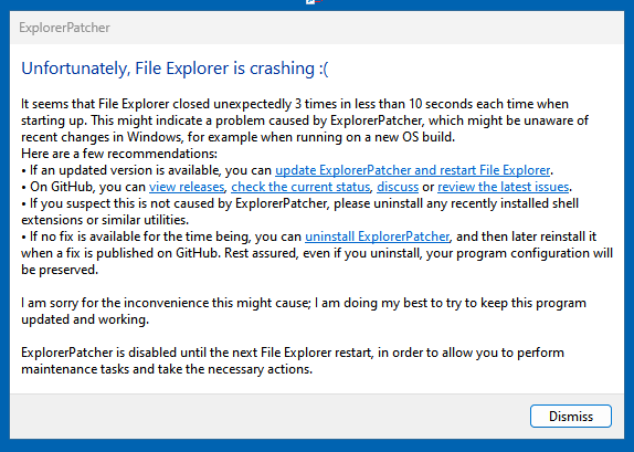 All current explorer patch versions fail with latest windows 11 build ...