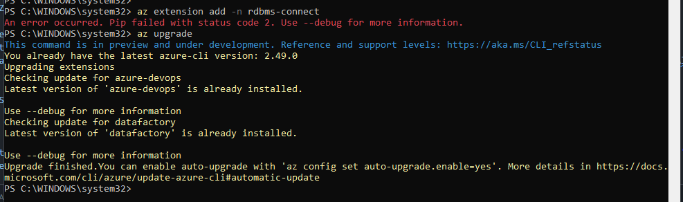 Unable to add az extension rdbms-connect in cloud shell · Issue #21535 · Azure/azure-cli · GitHub