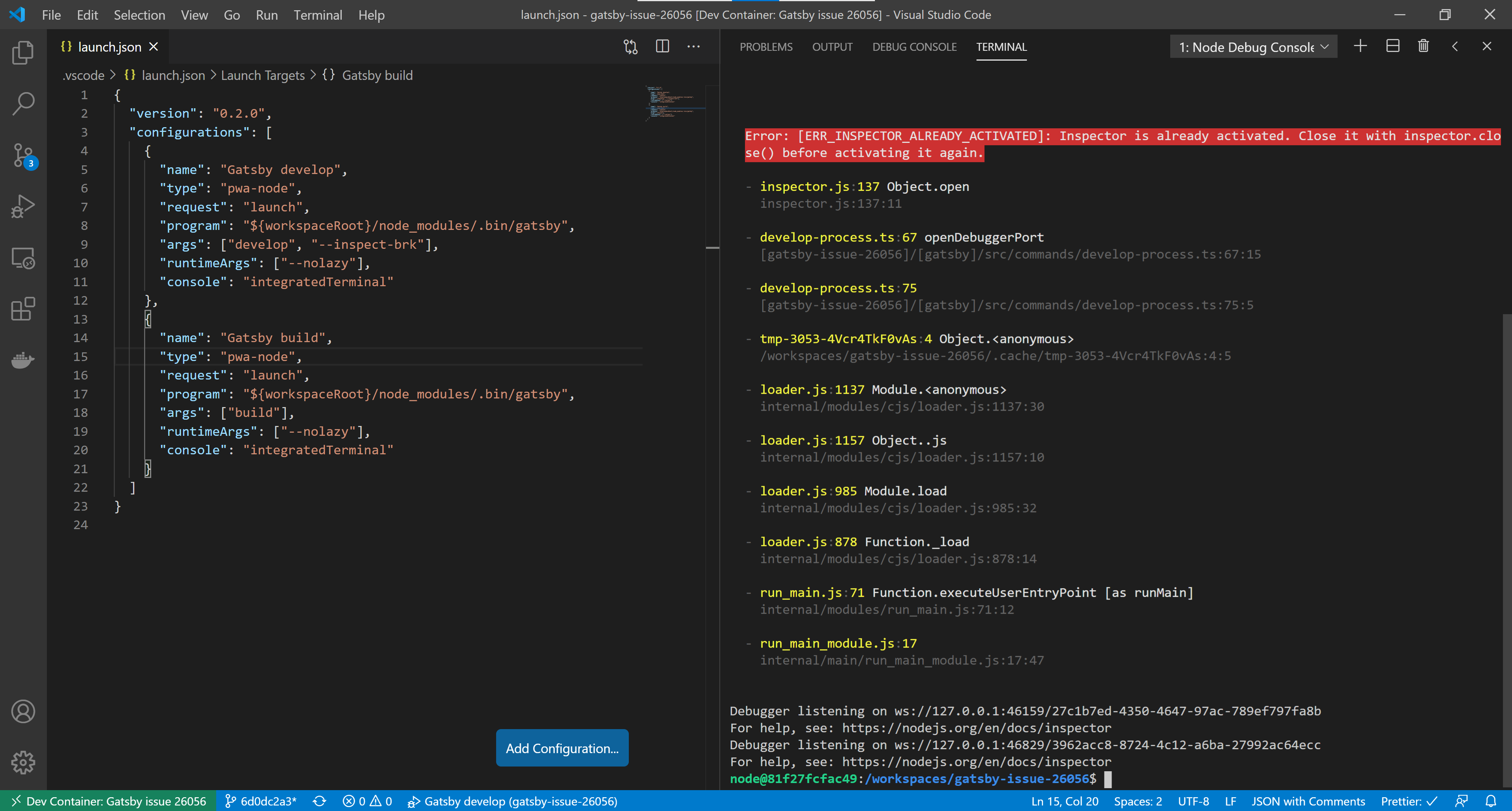 VS Code debugger broken (Exception: Inspector is already activated ...
