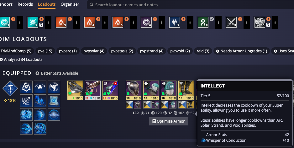 In the Loadouts tab, when hover over intellect stat, the community insight is missing for All ...